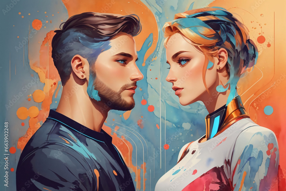 AI. Artificial intelligence. Head robot hanging over podium and look at virtual dashboard ...