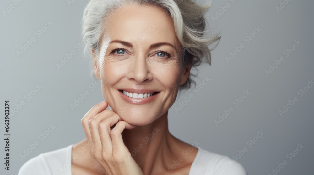 Beautiful 50 year old woman with clean fresh skin on a light background ...