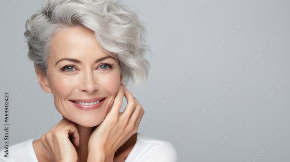 Beautiful 50 year old woman with clean fresh skin on a light background ...