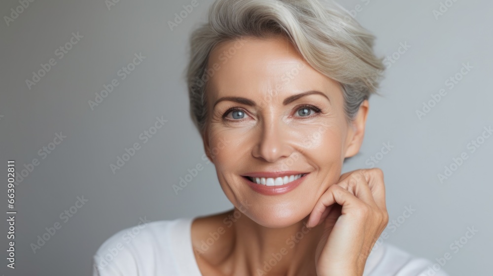 Beautiful 50 year old woman with clean fresh skin on a light background ...
