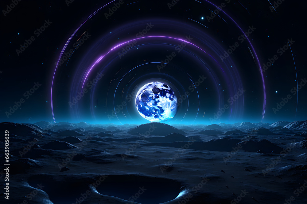 Full and New moon phases on a starry background with bright neon rings ...