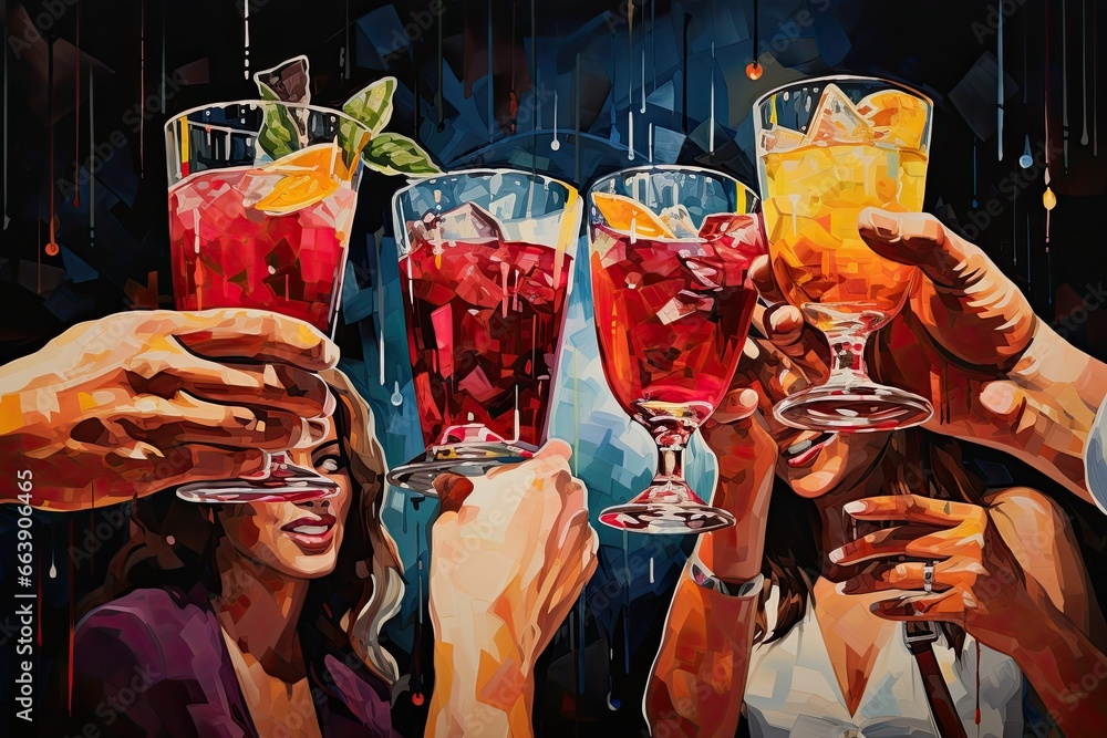 Vector illustration of a group of people clinking glasses with ...