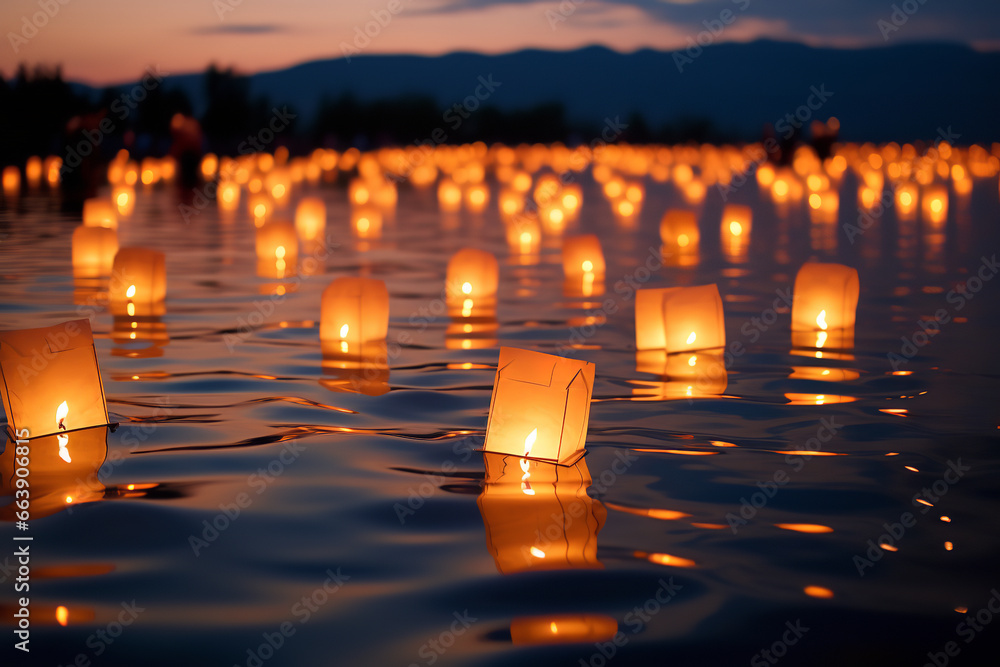 glowing floating lanterns onto a lake during a cultural festival ...