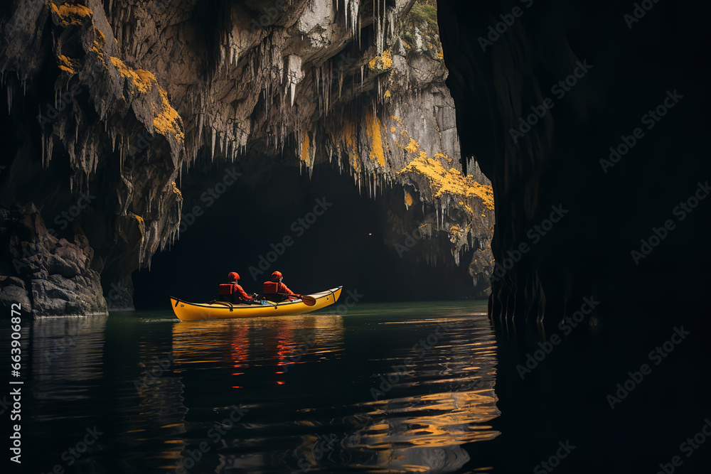 Adventurous kayakers use their paddles to navigate into a hidden cave ...