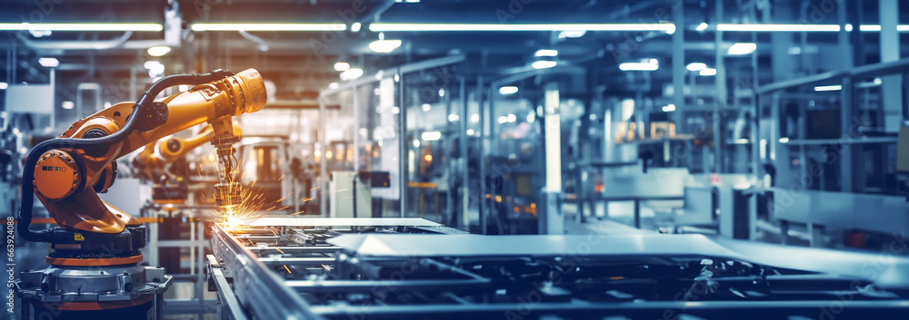 Smart factory with robot production. Robotic arm futuristic hud ...