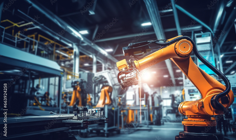 Smart factory with robot production. Robotic arm futuristic hud ...