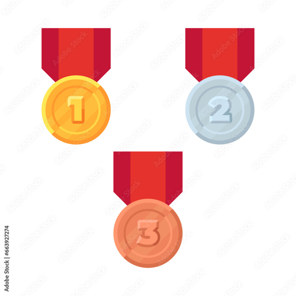 Gold, silver, and bronze medal badges. Flat illustrations of gold ...