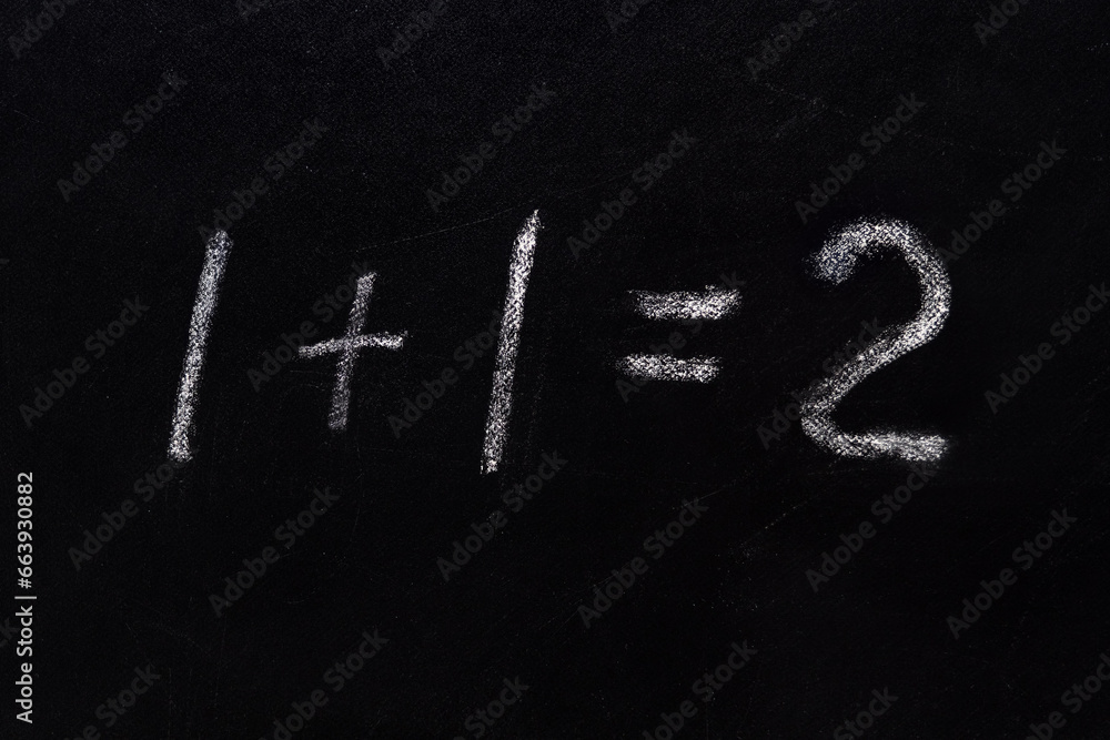 Simple math equation 1 1 2 written school board chalk. Blackboard equations one plus one equals ...