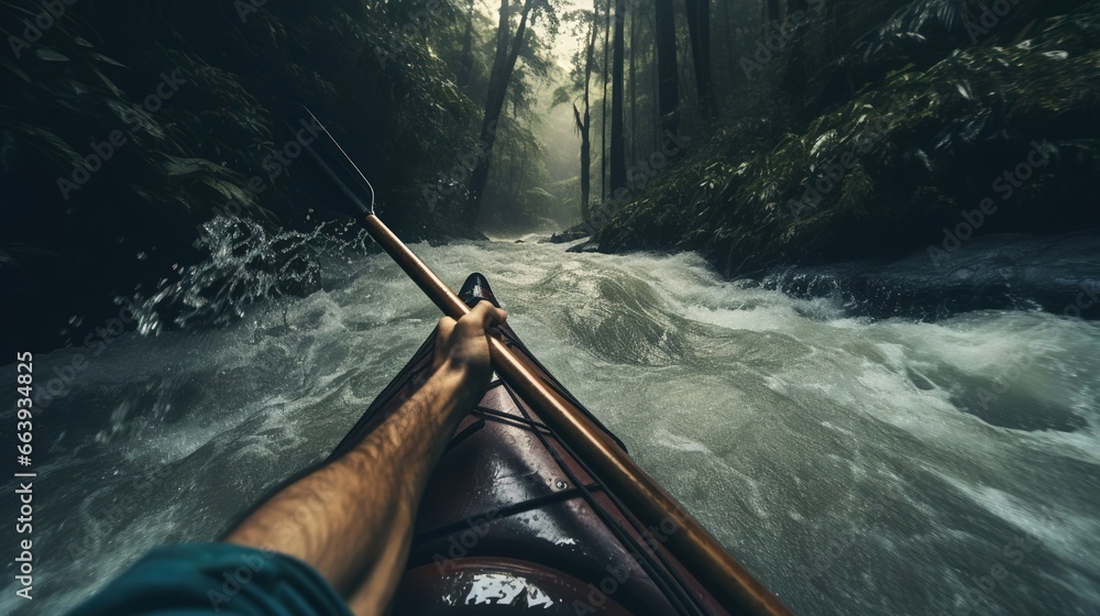 First-person view, a man canoes at high speed down a treacherous river ...