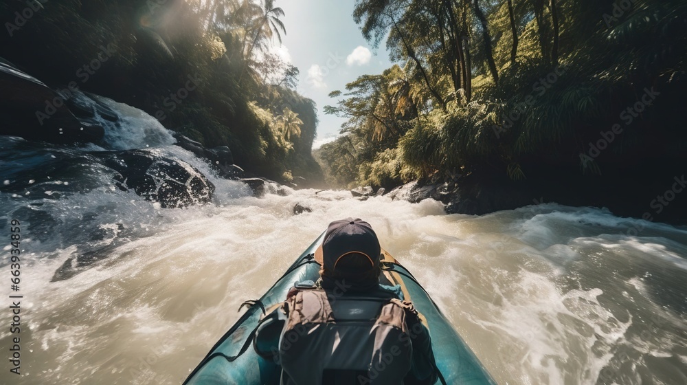 First-person view, a man canoes at high speed down a treacherous river ...