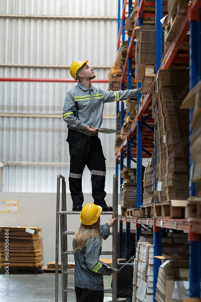 Male and female warehouse worker working and discussing in warehouse ...