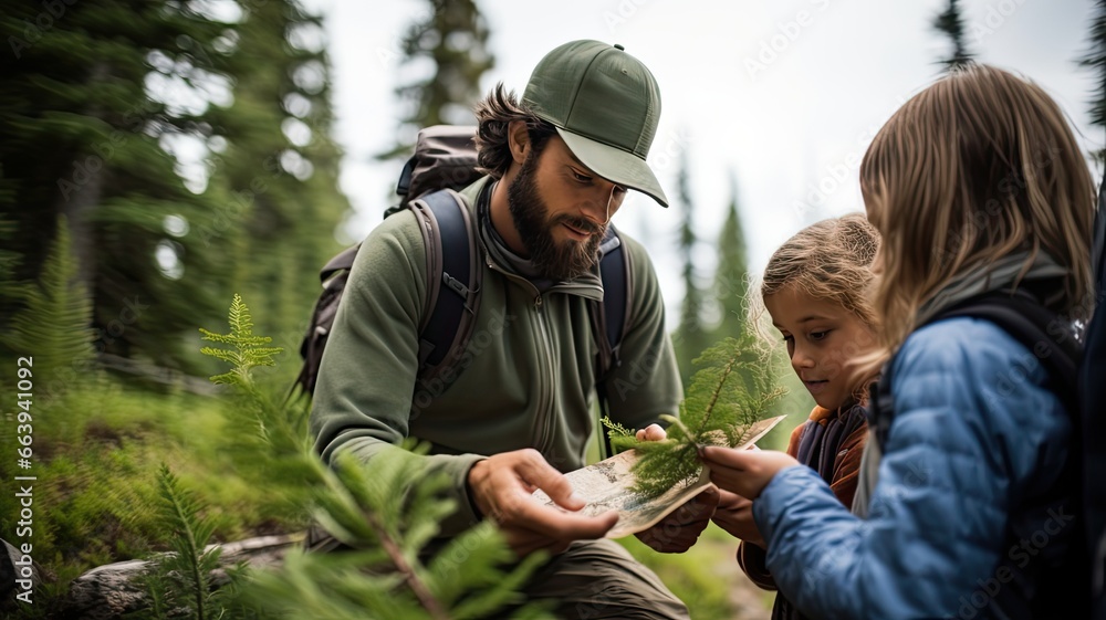 A scene featuring outdoor educators guiding students in wilderness ...