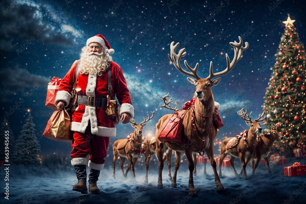 Santa Claus and his reindeers are coming with a bags full of gifts ...