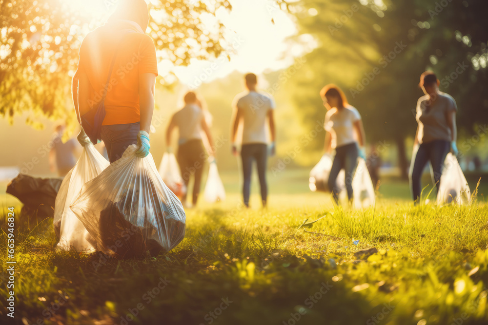 Community Cleanup - Young adults with recyclable bags, cleaning a local ...