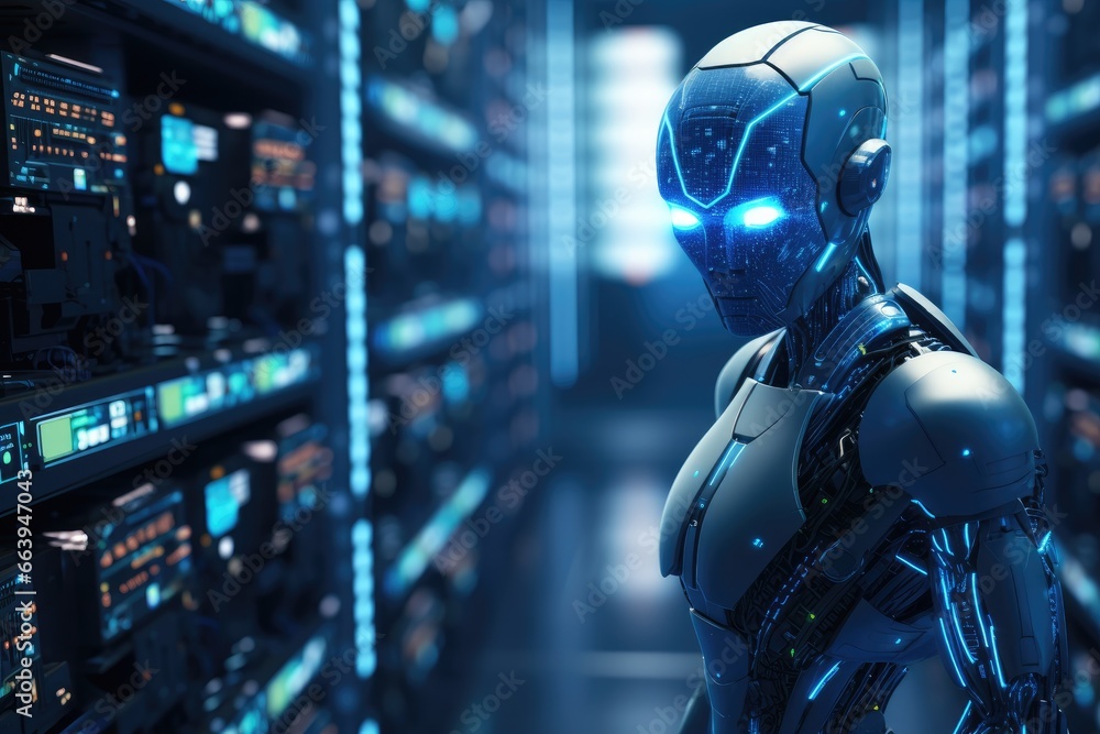 3D rendering humanoid robot working in server room with circuit board ...