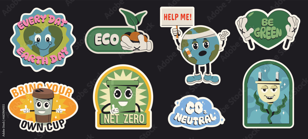 Flat set stickers of save the planet in trendy groovy style. Funny ...