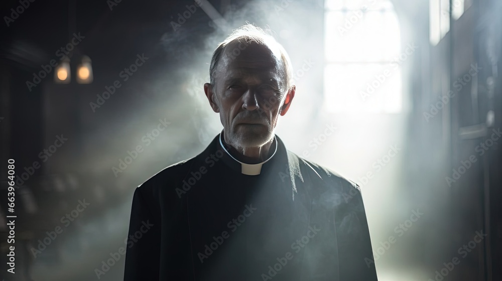 Victorian-era portrait of a Catholic priest inside a church, mysterious ...