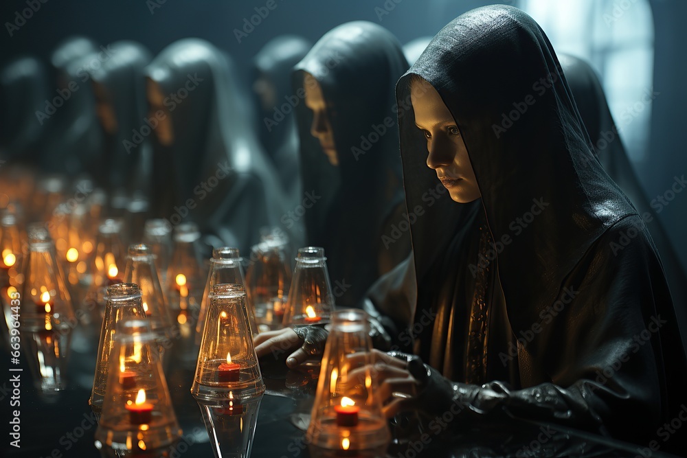 Priests stand in solemn silence, their faces obscured by the shadows of ...