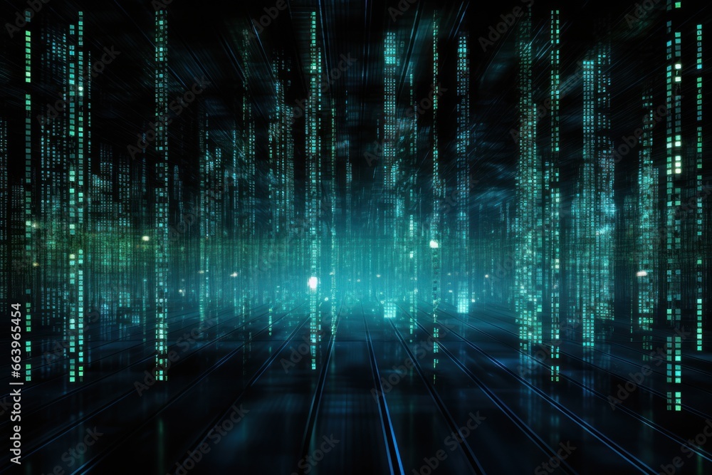Digital cyberspace with glowing matrix code and data visualization ...