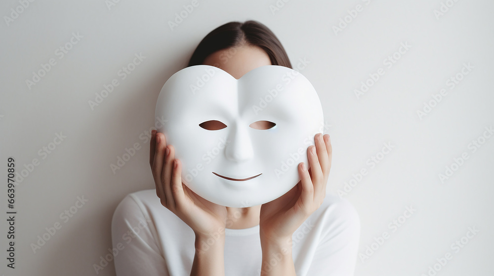 Hands holding a positive white mask. Positive day, positive emotion ...