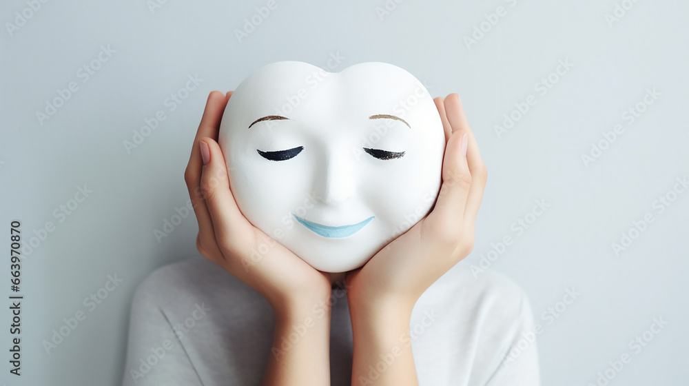 Hands holding a positive white mask. Positive day, positive emotion ...