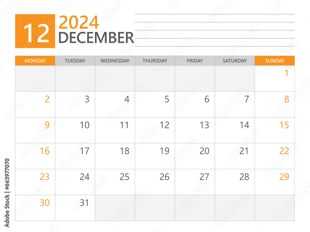 December 2024 template, Calendar planner 2024, week start on Monday ...