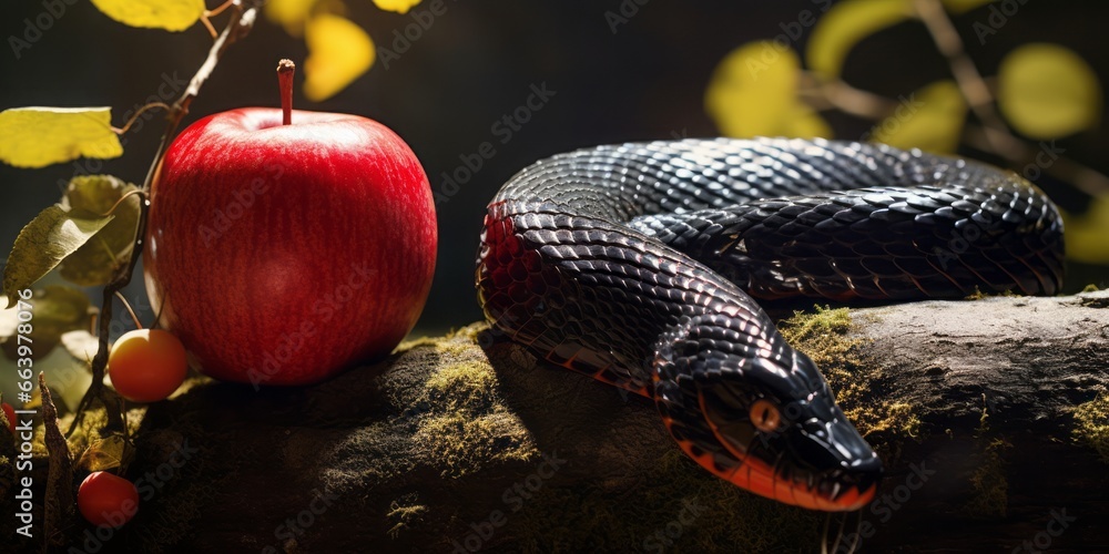 Eden Sentinel: A Black Snake Guards a Red Apple, Evoking the Mythical ...