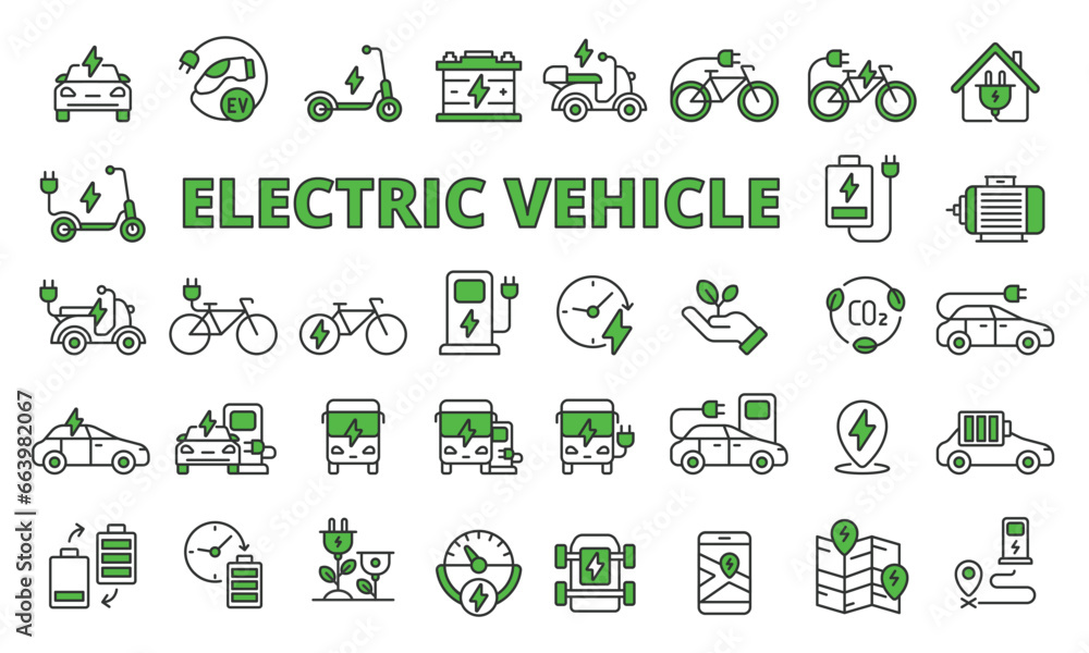 Electric vehicle icons set in line design green. Business, scooter ...