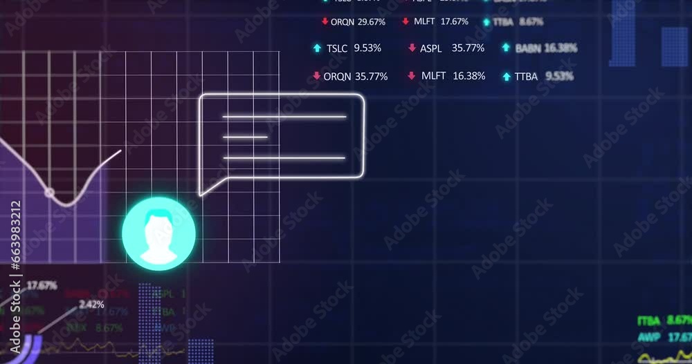 Animation of message box, profile icon, graphs, trading board, computer ... Animation of message box, profile icon, graphs, trading board, computer ...