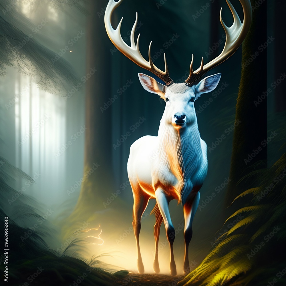 Magical White Stag in the distance, amazon rainforest, cold light, 4K ...