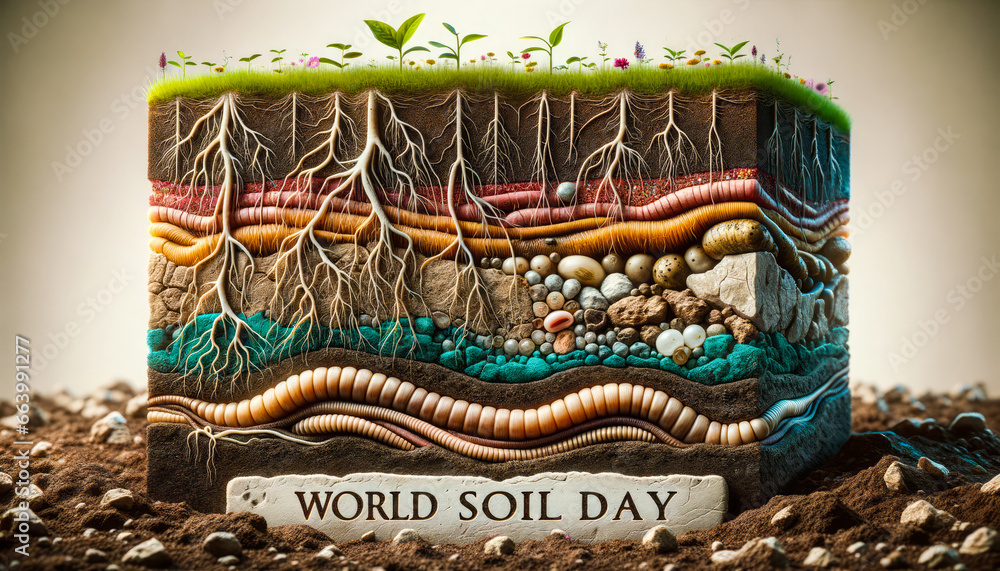 Nature's Layers: Depiction of a cross-section of soil layers showcasing roots, worms, and ...