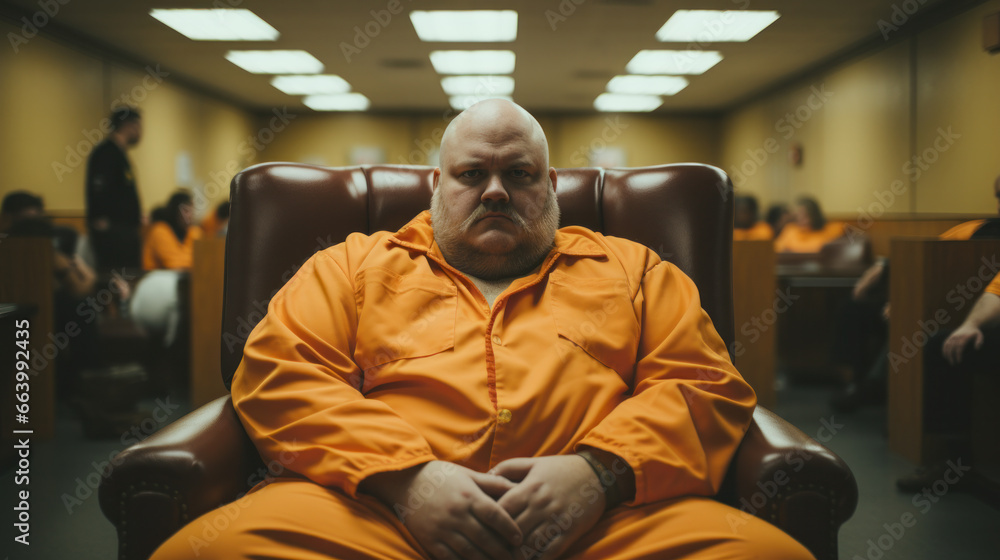 Fat prisoner in the common room of the prison. Orange jail uniform ...