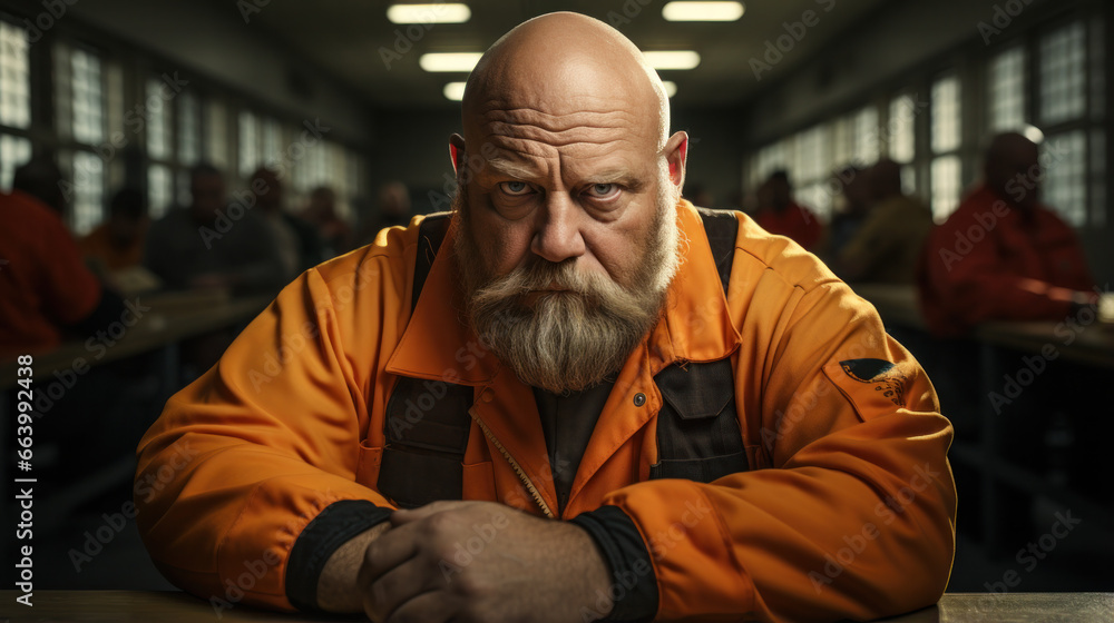 Fat prisoner in the common room of the prison. Orange jail uniform ...
