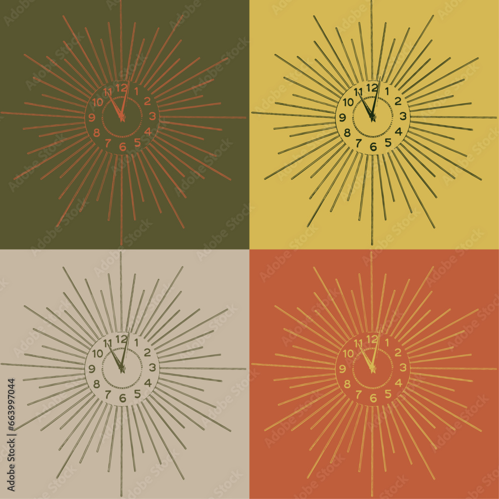 Vintage illustration of retro, sunburst wall clock on 4 color squares ...