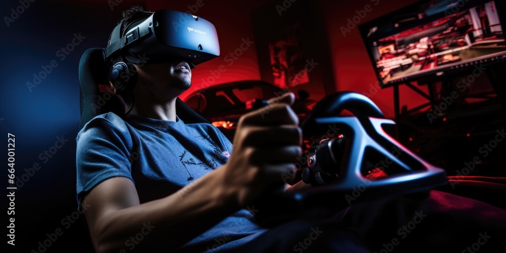 Futuristic simulator seat cockpit, man playing smart video games with ...