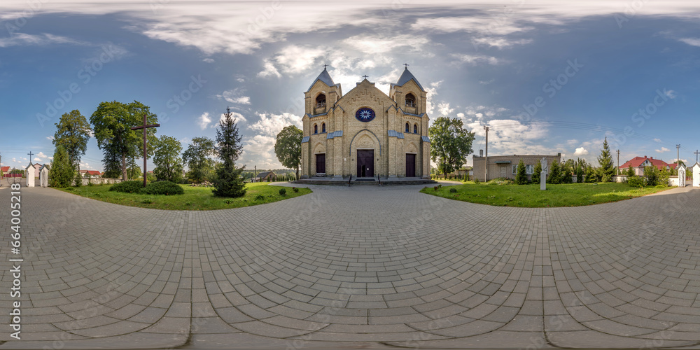 full hdri 360 panorama view on yellow brick neo gothic catholic church ...