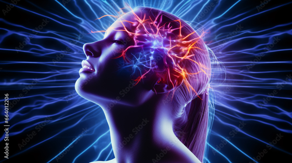 Illustration of a human suffering from a migraine headache, medicinally ...