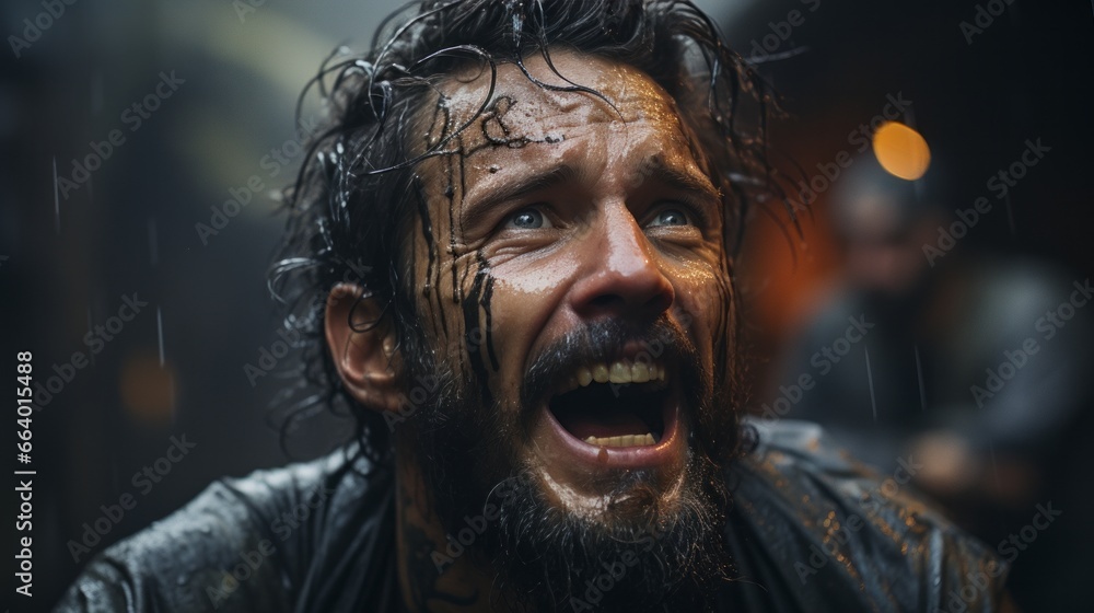 Stockfoto med beskrivningen A haunting portrait of a man consumed by ...