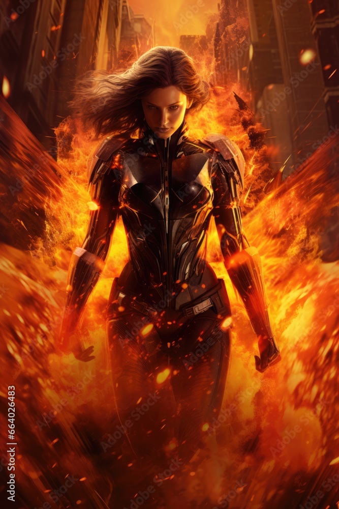 Pretty woman walking through the fire. fire explosion background ...