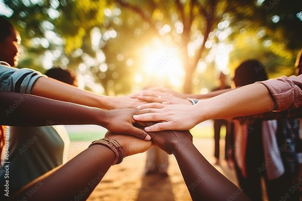 Group of mix race people joining hands together in a circle supporting ...