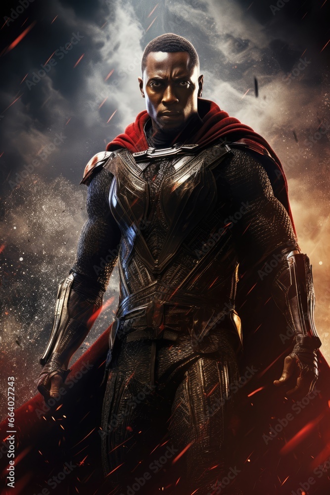 Handsome black man wearing a futuristic fantasy suit, vest, armor. red ...