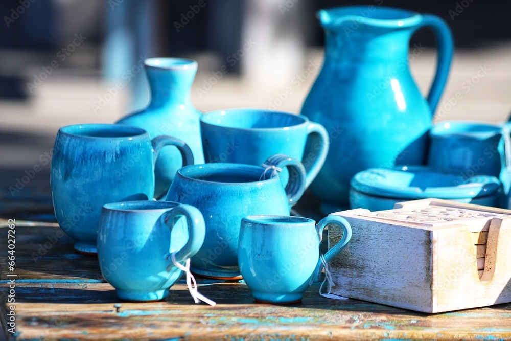 Colorful handmade dishes, plates, ceramics. Traditional greek ceramics ...
