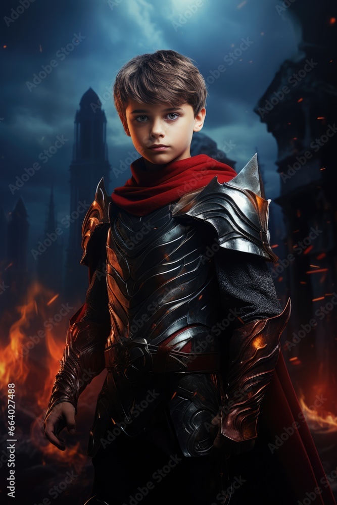 Tough young cute boy with brown hair. red cape. metallic sci fi vest ...