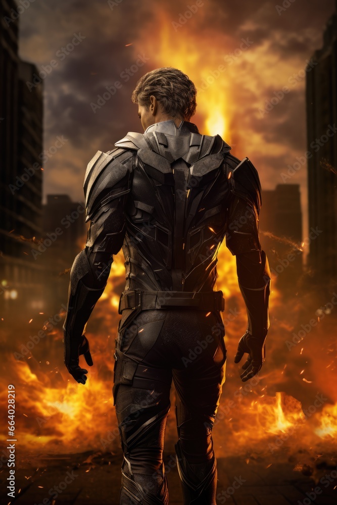 Handsome young man with short brown hair. back rear view. flaming city ...