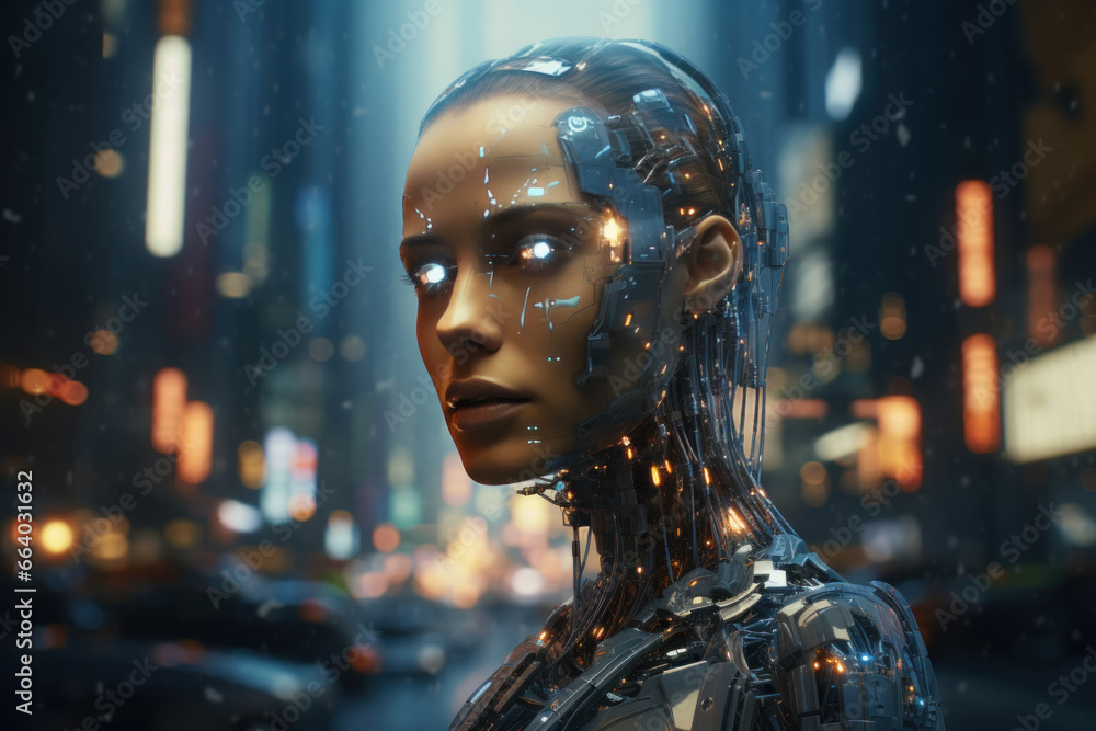 Female robot, with integrated hologram and technology elements over her ...