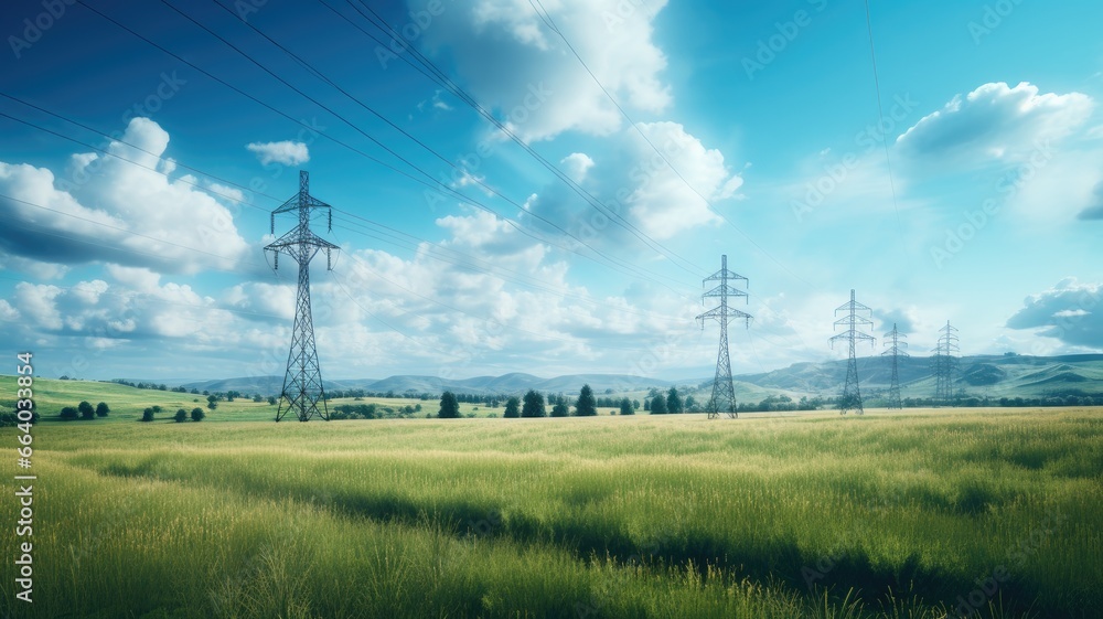 a straight row of high voltage pylons in the midst of a vast rural ...