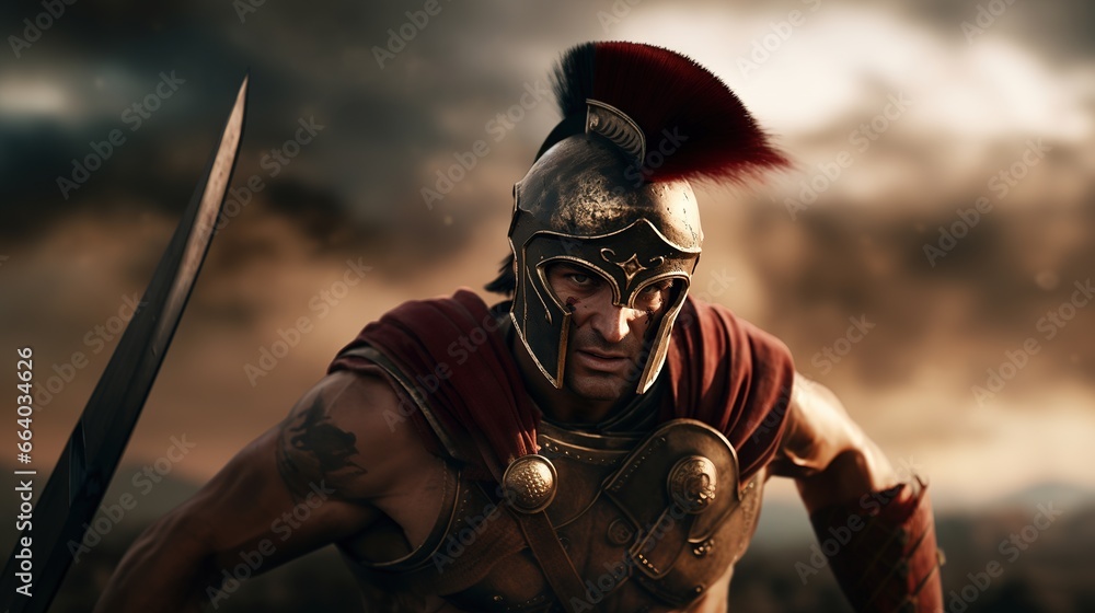 Generative AI, Realistic illustration of a fierce gladiator attacking ...