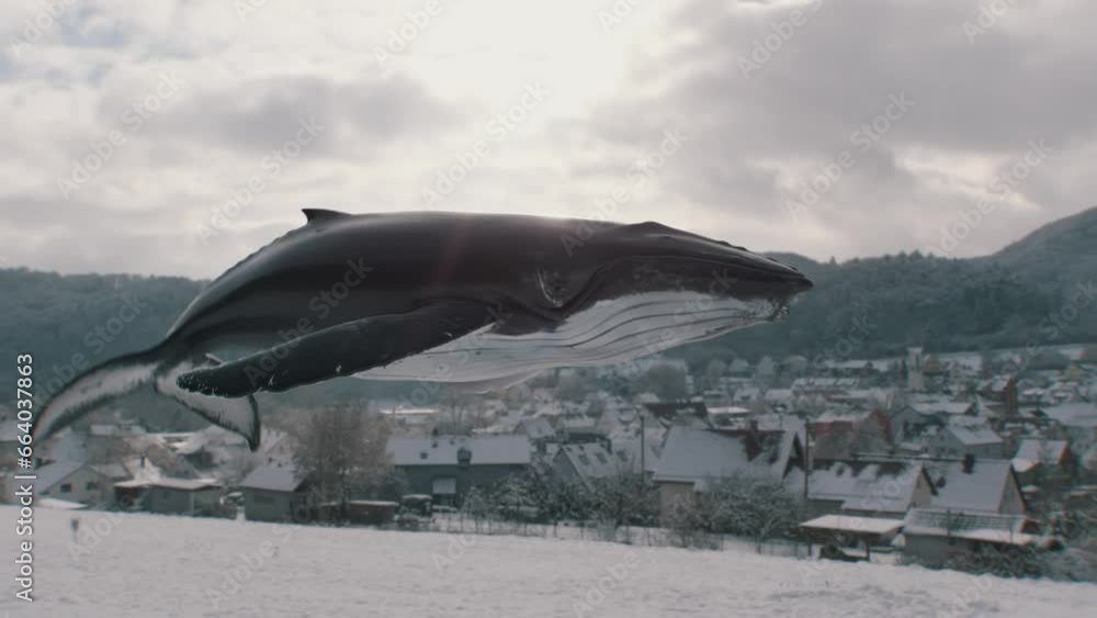 3D animation of a lifelike humpback whale swimming in air over a snowy ...