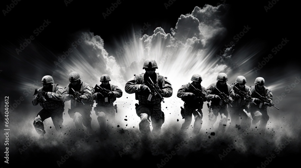 Combat infantry attack the enemy. Fully equipped soldiers of war run ...