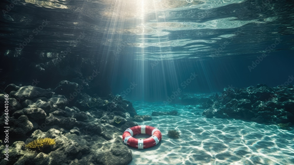 An inflatable swimming life preserver lies on the bottom of the sea in ...